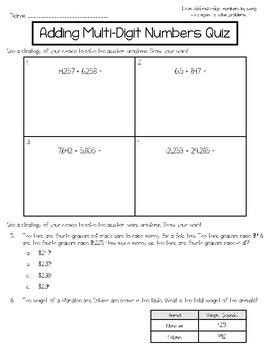 Adding Multi Digit Numbers Quiz By Taylor S Teachings TPT