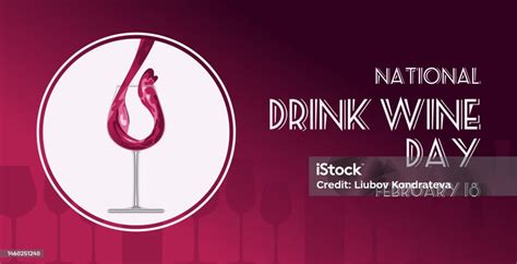 전국 음료 와인의 날 2 월 18 일 가로 배너입니다 병의 실루엣 레드 와인을 크리스탈 유리에 붓습니다 빈티지 글꼴입니다 광고 배너 웹 사이트 포스터 판매 전단지 유리잔에