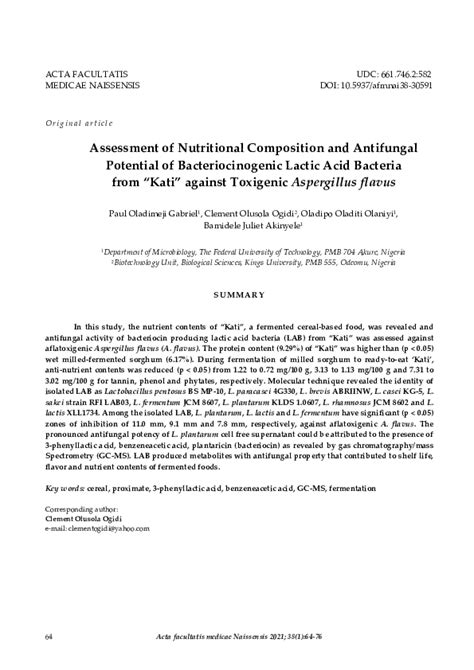 Pdf Assessment Of Nutritional Composition And Antifungal Potential Of Bacteriocinogenic Lactic