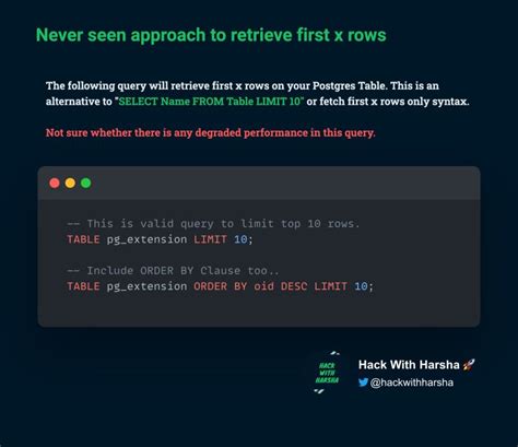 How To Retrieve First X Rows In Postgres Sannareddy Harsha Vardhan Posted On The Topic Linkedin