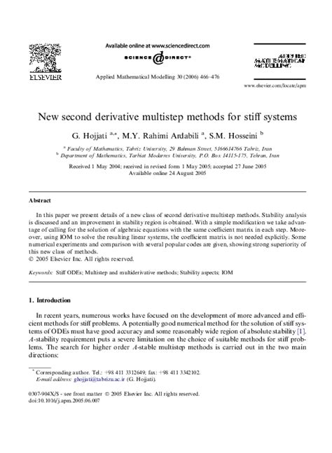 Pdf New Second Derivative Multistep Methods For Stiff Systems
