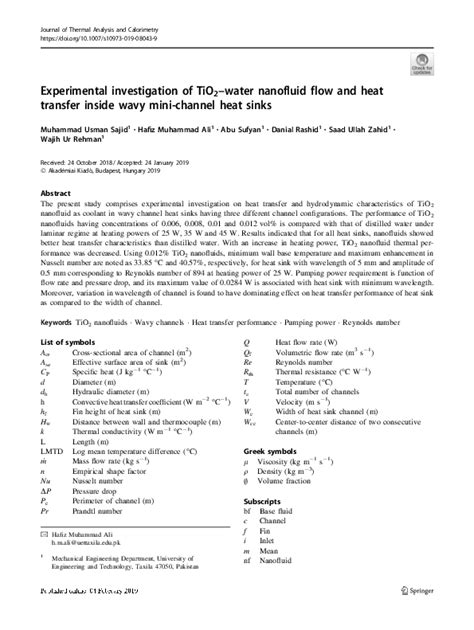 Pdf Experimental Investigation Of Tio2 Water Nanofluid Flow And Heat Transfer Inside Wavy Mini