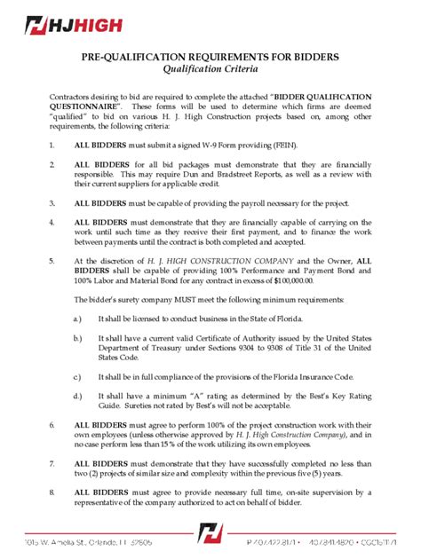 Fillable Online Pre Qualification Requirements For Bidders Fax