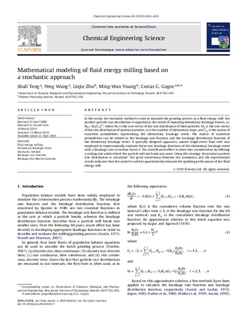 Pdf Mathematical Modeling Of Fluid Energy Milling Based On A Stochastic Approach