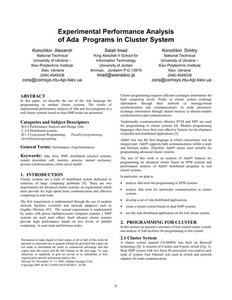 PDF Experimental Performance Analysis Of Ada Programs In Cluster System