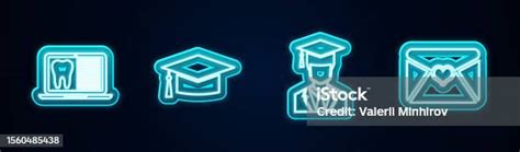 치과 카드 졸업 모자 대학원 졸업 및 봉투 발렌타인 하트와 함께 라인 노트북을 설정하십시오 빛나는 네온 아이콘입니다 벡터 개념에 대한 스톡 벡터 아트 및 기타 이미지