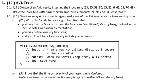 solved 2 40 avl trees 2 1 15 construct an avl tree