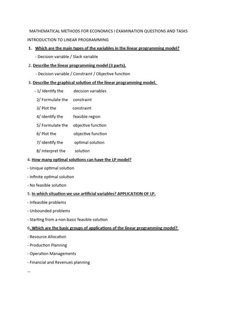 Mathematical Methods For Economics I Examination Questions And Tasks Introduction To Linear