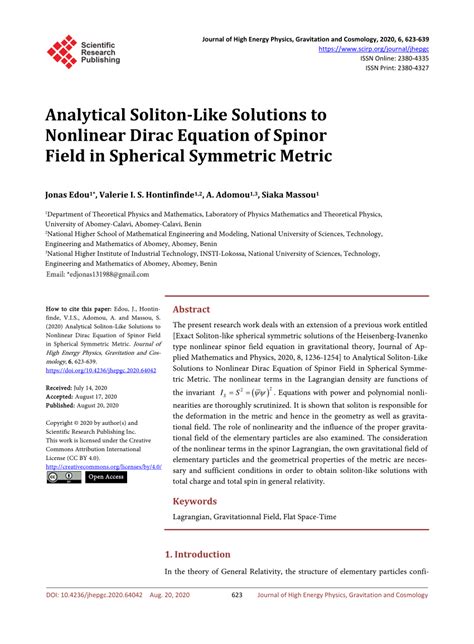 Pdf Analytical Soliton Like Solutions To Nonlinear Dirac Equation Of Spinor Field In Spherical