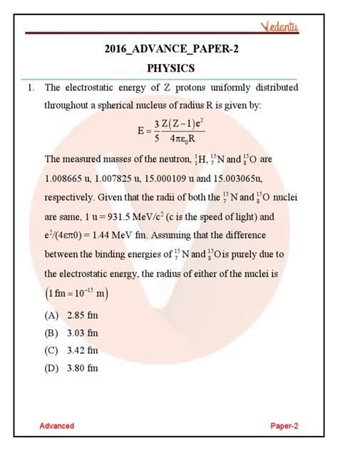 Jee Advanced 2016 Physics Question Paper 2 Pdf Atomic Nucleus Series And Parallel Circuits