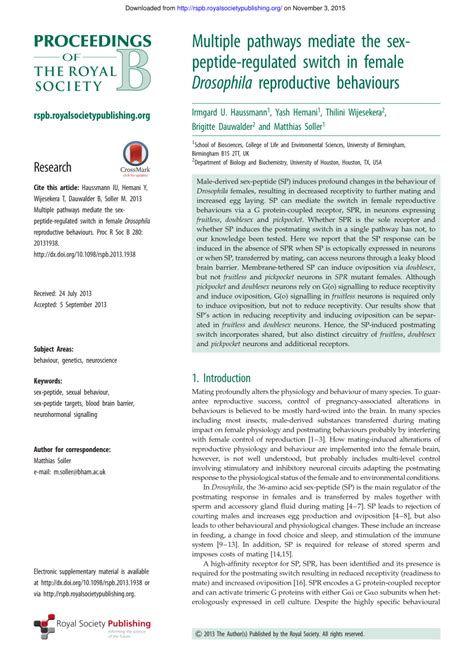 Pdf Multiple Pathways Mediate The Sex Peptide Regulated Switch In