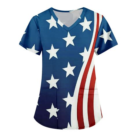 Qcmgmg 4th Of July Scrub Tops For Women Short Sleeve Patriotic Stars