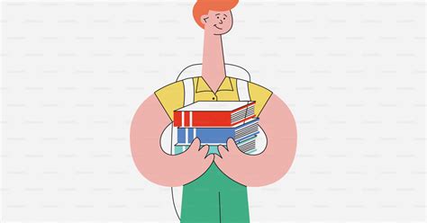 벡터 행복한 십대 남자 학생이 교과서 더미를 들고 서 있다 책가방 학교 대학 또는 대학 교육 디자인을 가진 쾌활한 웃는