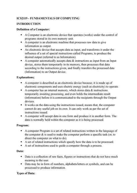 Fundamentals Of Computing Notes Ics2119 Fundamentals Of Computing Introduction Definition Of A