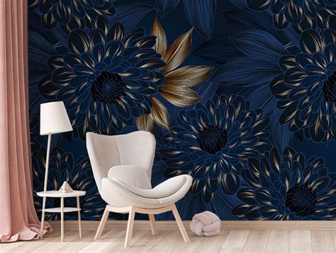 Navy Blue Floral Wallpaper Peel And Stick Floral Texture Wall Mural