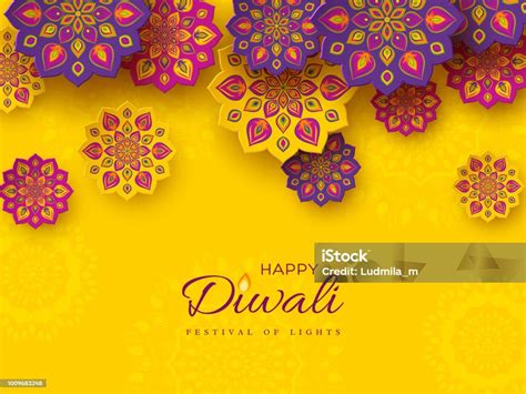 종이와 디 왈 리 축제 휴일 디자인 컷 인도 Rangoli의 스타일 노란색 배경 벡터 일러스트 레이 션에 자주색 보라 빛 색깔 랑골리에 대한 스톡 벡터 아트 및 기타 이미지