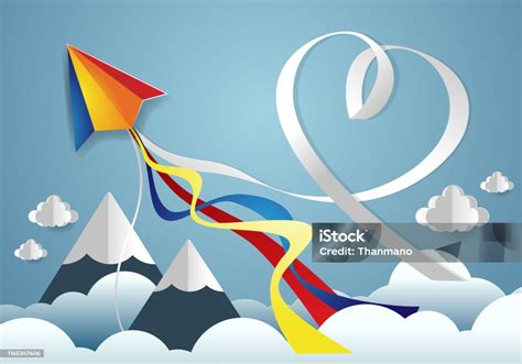 연의 종이 아트가 하늘을 날아 연 꼬리는 하트 모양이 됩니다 행복 한 발렌타인 데이와 사랑 축 하 개념 평면 및 디지털 공예 스타일 벡터 일러스트 연에 대한 스톡 벡터 아트