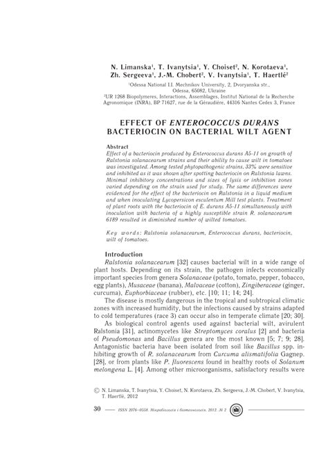 Pdf Effect Of Enterococcus Durans Bacteriocin On Bacterial Wilt Agent