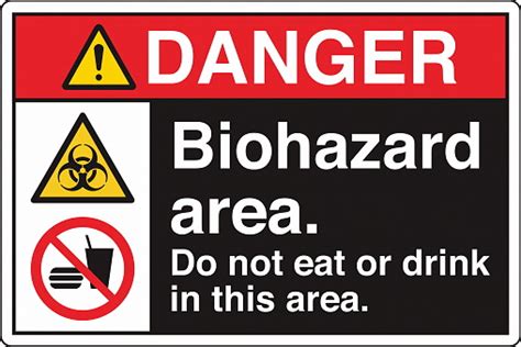 Ansi Z535 안전 표지 마킹 라벨 기호 픽토그램 표준 위험 생물학적 위험 지역 이 영역에서 먹거나 마시지 마십시오 텍스트 풍경 검정이 있는 두 개의 기호 경계 표지에