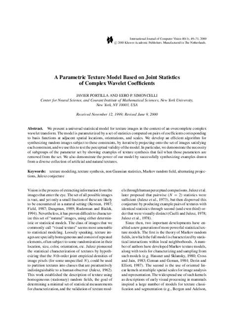 Pdf Parametric Texture Model Based On Joint Statistics Of Complex Wavelet Coefficients