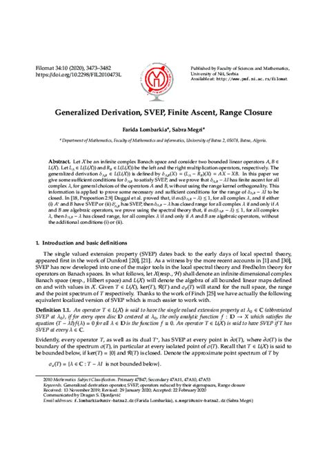 Pdf Generalized Derivation Svep Finite Ascent Range Closure