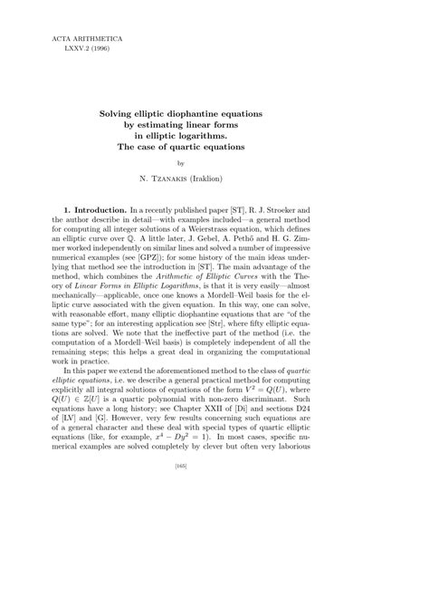 Pdf Solving Elliptic Diophantine Equations By Estimating Linear Forms