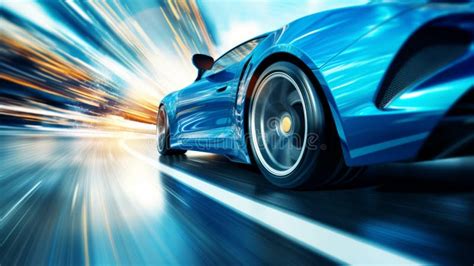 movement shot of fast blue car driving on asphalt road with high speed