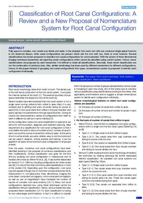 Pdf Classification Of Root Canal Configurations A Review And A New