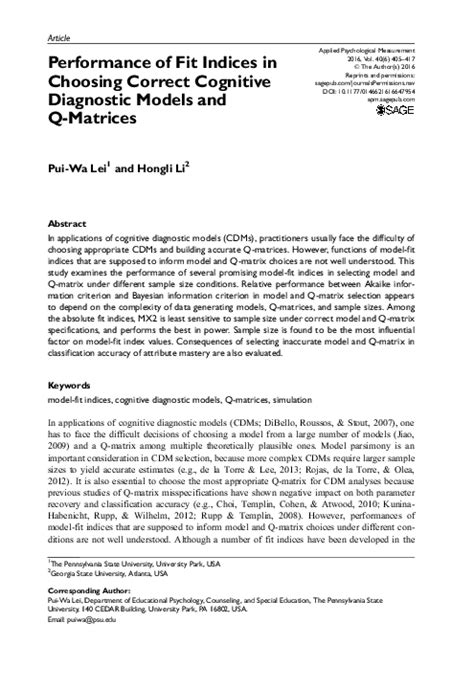 Pdf Performance Of Fit Indices In Choosing Correct Cognitive Diagnostic Models And Q Matrices