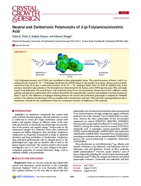 Pdf Neutral And Zwitterionic Polymorphs Of 2 P Tolylamino Nicotinic Acid