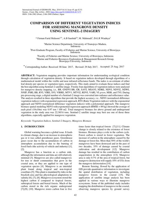 Pdf Comparison Of Different Vegetation Indices For Assessing Mangrove