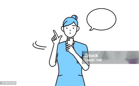 여성 간호사 물리 치료사 작업 치료사 언어 치료사 유니폼을 입은 간호 조무사가 스마트폰을 조작합니다 물리치료에 대한 스톡 벡터 아트 및 기타 이미지 Istock