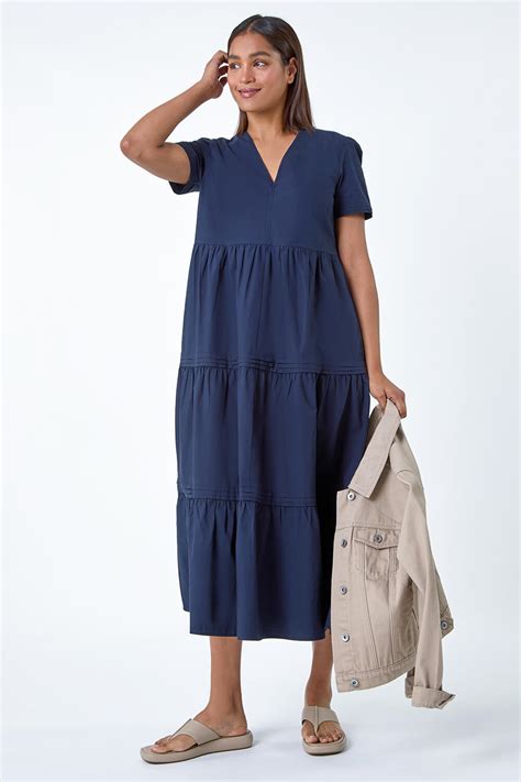 Navy Plain Cotton Tiered Maxi Dress Roman Uk