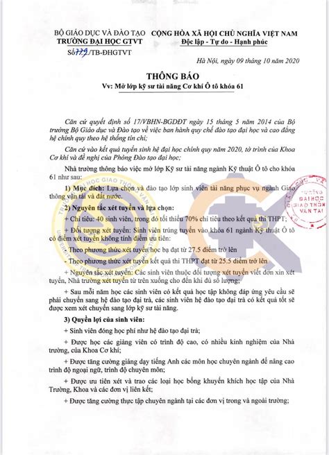 📣 Khoa CƠ KhÍ Xin ThÔng BÁo VỀ ViỆc MỞ LỚp KỸ SƯ TÀi NĂng CƠ KhÍ Ô TÔ KhoÁ 61 📣 ⏰ Thời Gian Từ