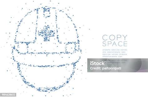 추상적인 기하학적 낮은 다각형 사각형 상자 픽셀 및 삼각형 패턴 헬멧 건축 모양 안전 첫 번째 컨셉 디자인 블루 복사 공간 벡터