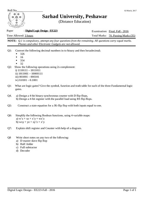 Past Paper For Digital Logic And Design Docsity