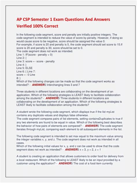 Ap Csp Semester 1 Exam Questions And Answers Verified 100 Correct Ap