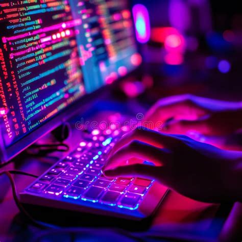 The Red Glow Of A Computer Keyboard Is Visible As A Person Types Stock