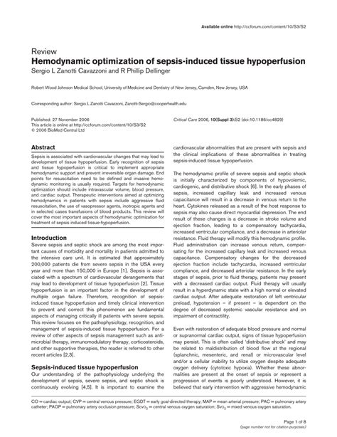 Pdf Hemodynamic Optimization Of Sepsis Induced Tissue Hypoperfusion