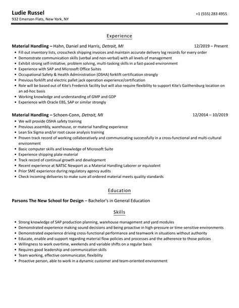 Material Handling Resume Samples Velvet Jobs