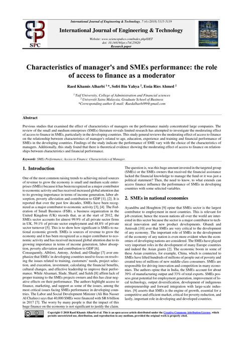 Pdf Characteristics Of Managers And Smes Performance The Role Of Access To Finance As A
