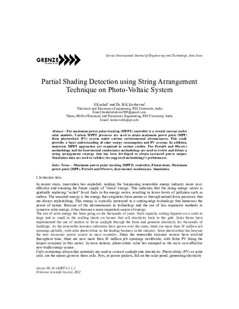 Pdf Partial Shading Detection Using String Arrangement Technique On Photo Voltaic System