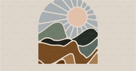 일몰 배지 또는 로고 또는 파스텔 지구 색상의 스티커 디자인 템플릿이 있는 미니멀리즘 산 풍경 벡터 Eps 10 그림 벡터 Unsplash의 벡터 이미지