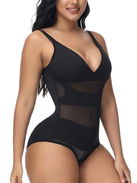 Solid Contrast Mesh Shapewear Bodysuit Shein Usa