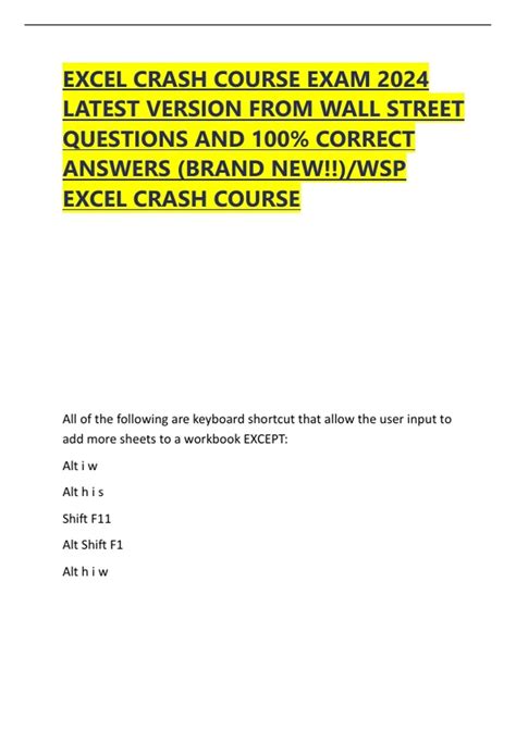 Excel Crash Course Exam 2024 Latest Version From Wall Street Questions And 100 Correct Answers