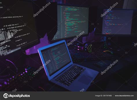 High Angle View Various Computer Equipment Programming Code Screens