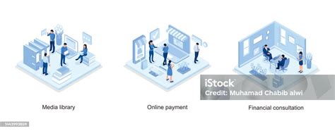문자가 있는 미디어 책 도서관 개념 배너 문자가 있는 모바일 결제 개념 금융 상담 개념 아이소메트릭 벡터 현대 그림 3차원 형태에 대한 스톡 벡터 아트 및 기타 이미지
