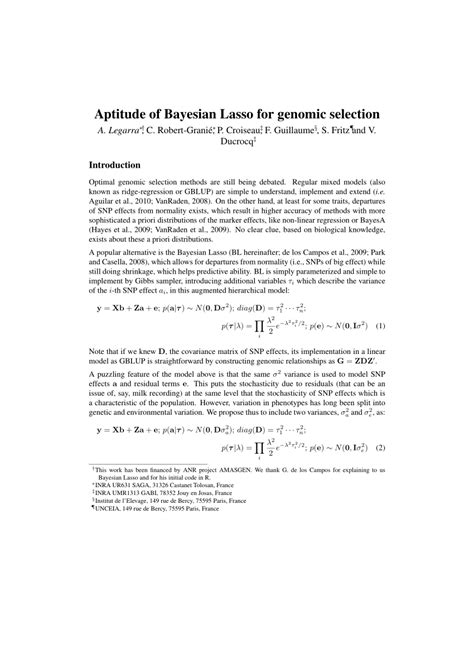 Pdf Aptitude Of Bayesian Lasso For Genomic Selection