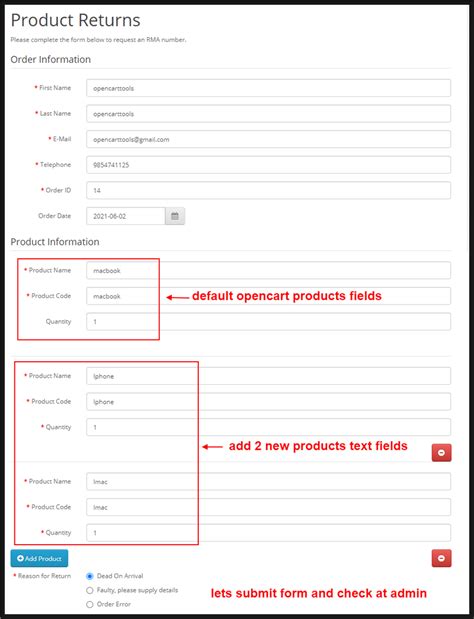 opencart return form add multiple products
