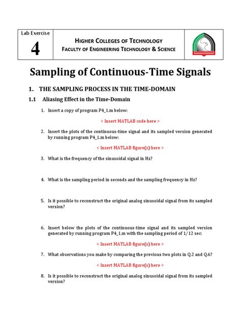 Lab Exercise 4 Sampling Of Continuous Time Signals Pdf Applied